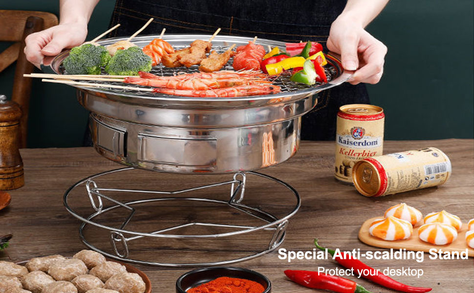 PHOJEWI Korean BBQ Grill Charcoal, Small Charcoal Grill 13.7 Inches Portable Grill Stainless ...