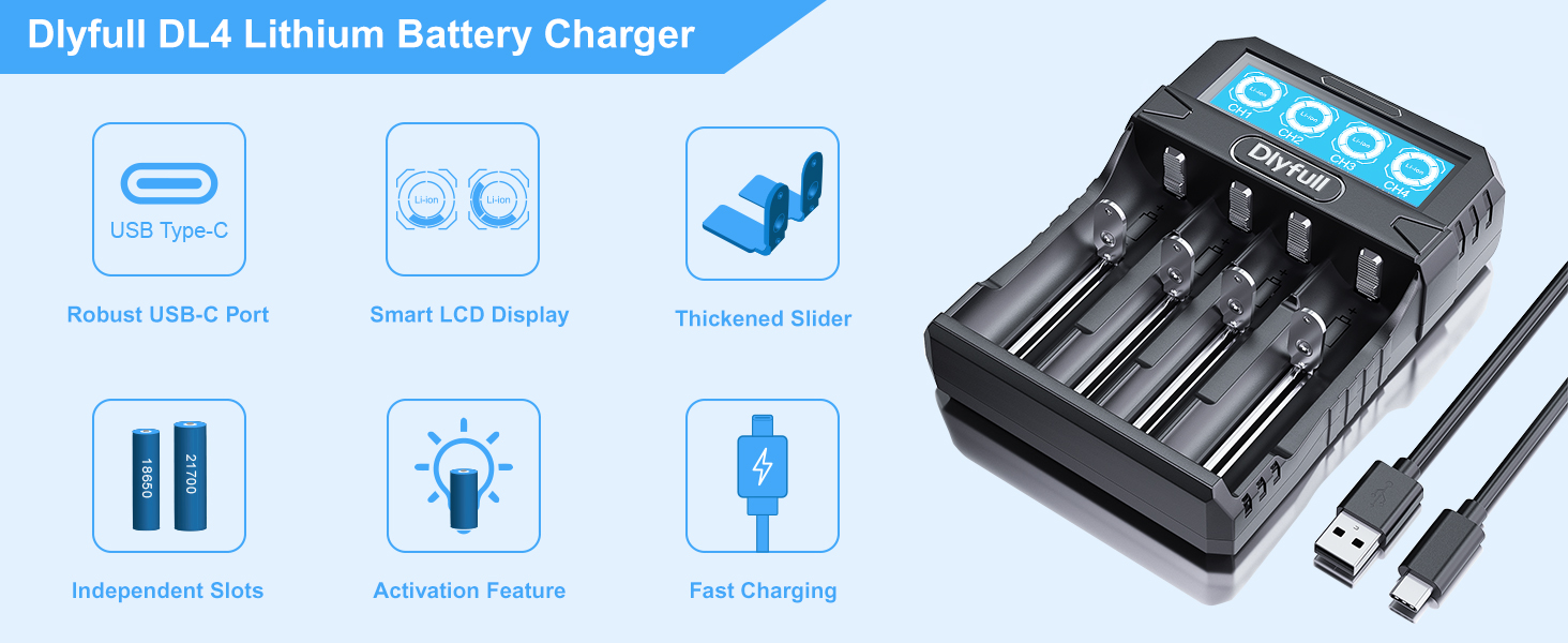 Amazon.com: Dlyfull 18650 Battery Charger 4 Bay, LCD Display Lithium Battery Charger with USB-C ...
