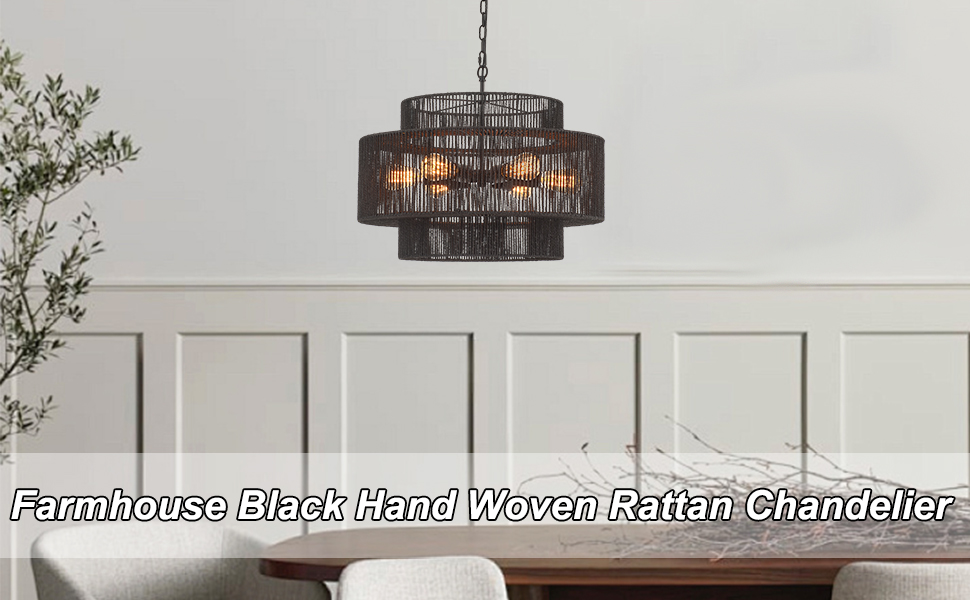 Widluth Hand-Woven Rattan Chandelier Vintage 6-Light Farmhouse Boho ...