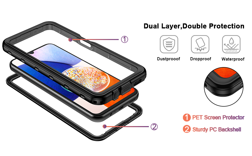 Amazon.com: Lanhiem for Samsung Galaxy A14 5G Case, IP68 Waterproof Dustproof, Built-in Screen ...