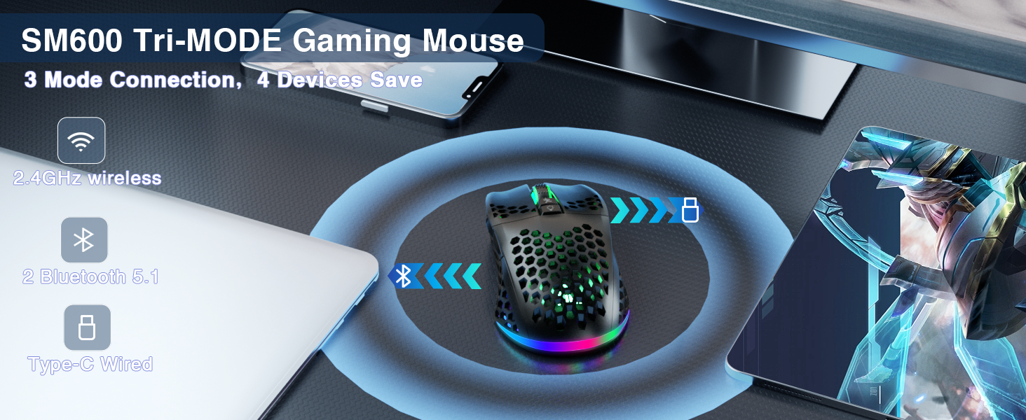 Amazon.in: Buy SOLAKAKA SM600 Wireless Gaming Mouse,Tri-Modes BT & 2.4Ghz Rechargeable Mouse ...