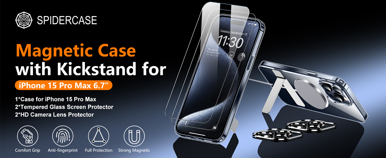 Amazon.com: SPIDERCASE Magnetic for iPhone 15 Pro Max Case, [3 Stand Ways][ Military Grade Drop ...