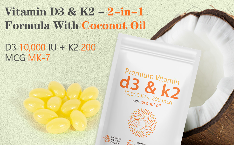 Amazon.com: YIGEAICC Vitamin D3 K2 Softgel,Vitamin D3 K2 10000 IU Coconut Oil Supplement Softgel ...