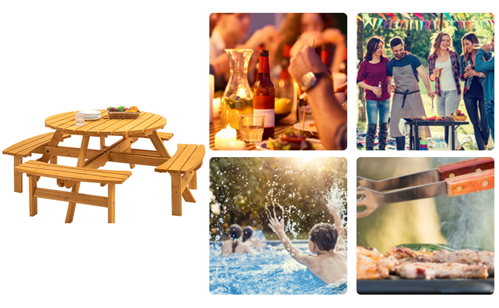Amazon.com : Goujxcy 8 Person Wood Picnic Table, Outdoor Round Picnic Table with 4 Built-in ...