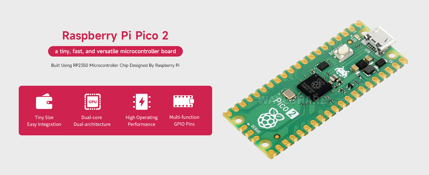 Waveshare Pi-Pico-2-CC, Tiny Fast Microcontroller Board with Flexible Digital Interfaces RP2350 ...