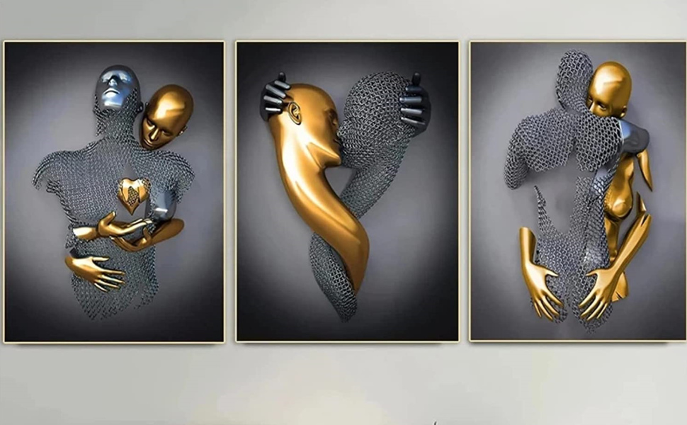 Amazon.de: EXQULEG 3er Kunst Modern Poster Set - 3D Grau Gold Metallfigur Statue Kunst Liebe ...