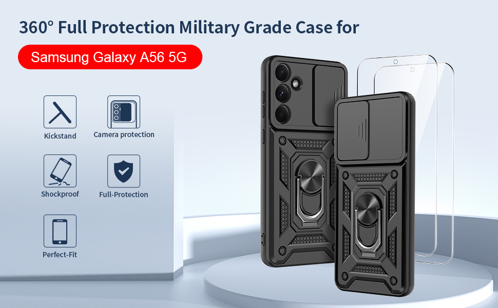 Guisessy Phone Case for Samsung Galaxy A56 5G Case with Ring Kickstand and 2 Tempered Glass ...