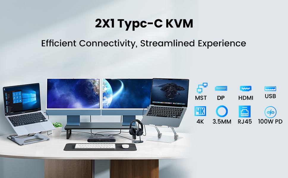 2x1 Type C KVM Switch, 8K Thunderbolt 4 USB C with Ethernet Port RJ45 100W PD Charge 4K 144Hz ...