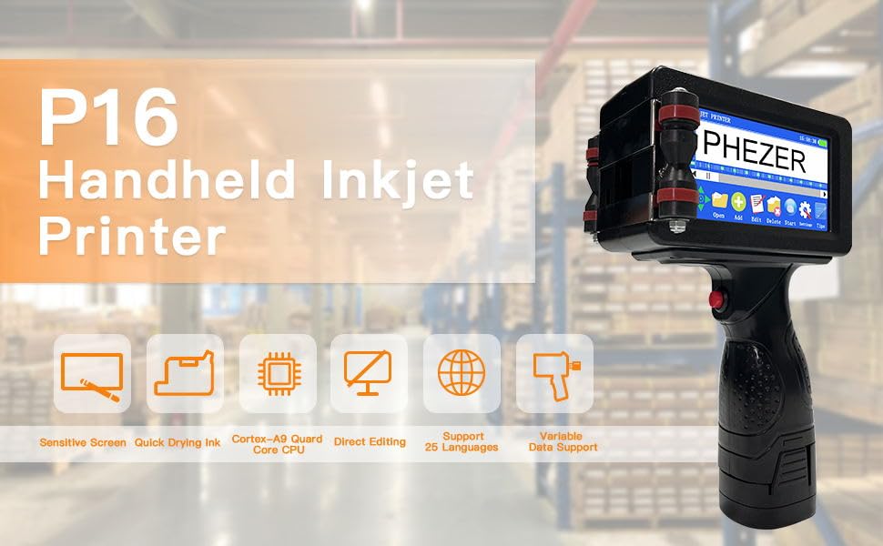 Phezer P16-1 Impresora portátil de inyección de Tinta de Mano con Pantalla táctil de 4.3 ...