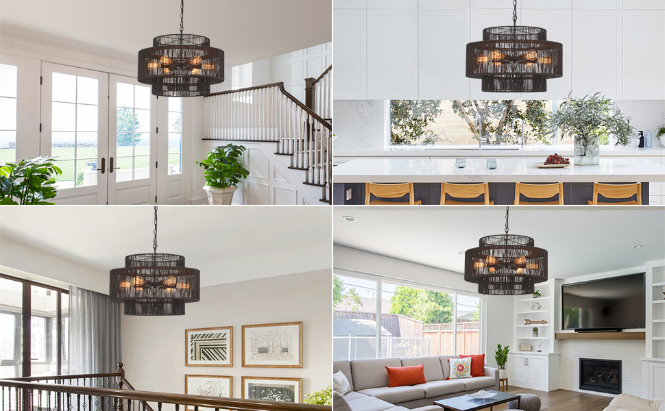 Widluth Hand-Woven Rattan Chandelier Vintage 6-Light Farmhouse Boho ...