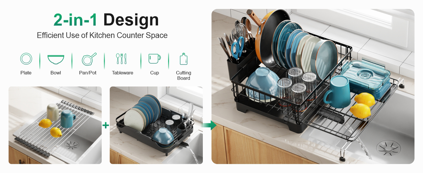 Amazon.com: GSlife Extendable Dish Drying Rack - Large 2-in-1 Dish Racks for Kitchen Counter or ...