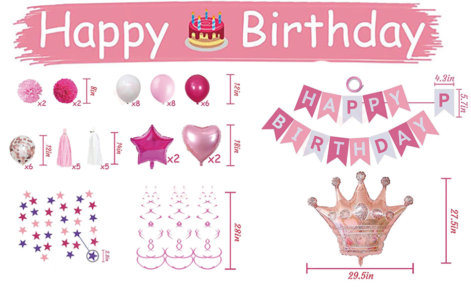 Amazon.com: Pink Girls Birthday Decorations Balloons,Happy Birthday Banner Rose Gold Crown ...