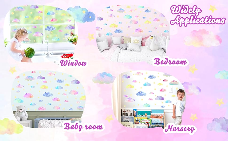 Amazon.com: Colorful Clouds Wall Decal Watercolor Cloud Wall Decals Cloud Star Wall Stickers ...