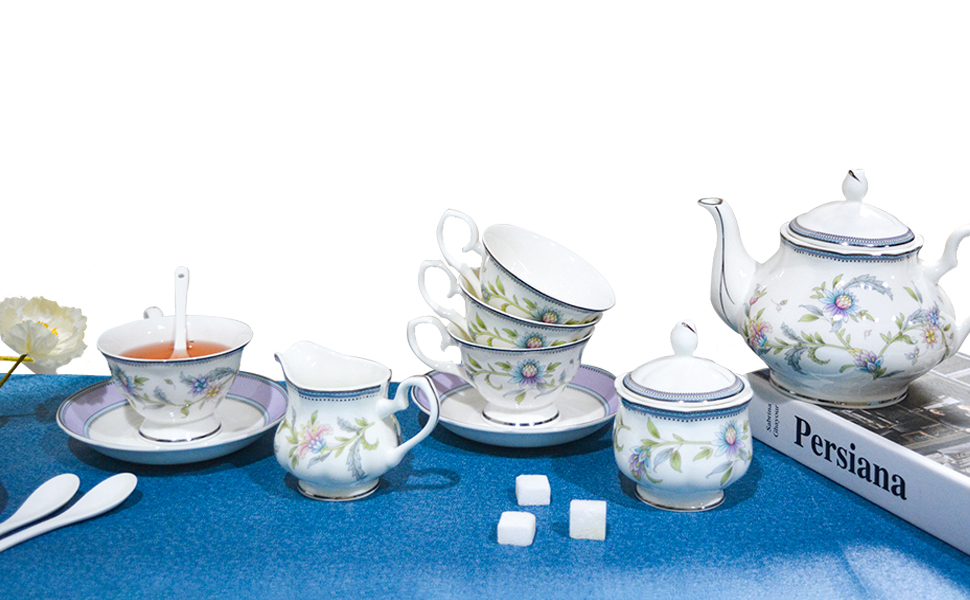 Amazon.com | LE POTOCIO Bone China Tea Set, 21-Pieces Porcelain Tea Set for Adults, Tea Cups And ...