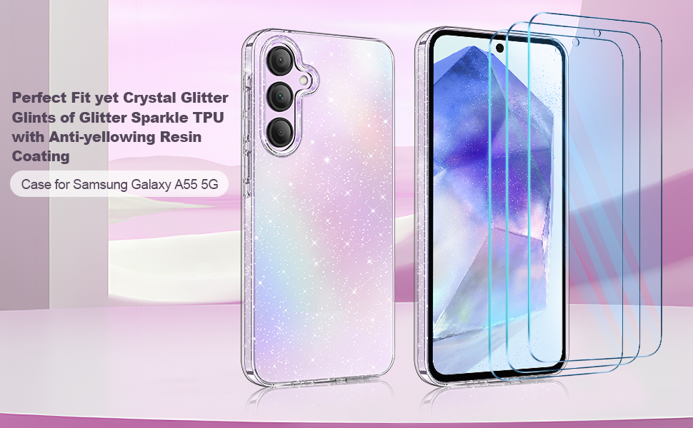COPIKE Glitter Case for Samsung Galaxy A55 5G Case with 3 Pack Screen Protector, Bling Clear ...