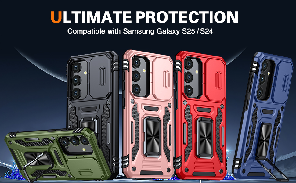 GOLDJU For Samsung Galaxy S25 Case, Built In Slide Camera Cover & Rotatable Kickstand Ring [2 ...