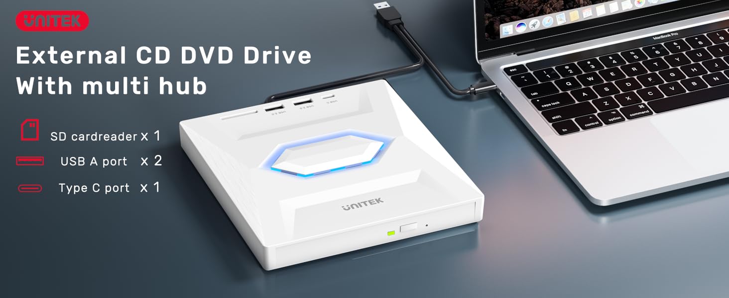 Amazon.com: Unitek External CD/DVD Drive USB C Portable DVD Player with SD Card Slots 3 USB ...