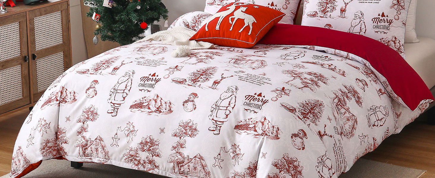 Amazon.com: Christmas Duvet Cover Queen Size, Duvet Cover Set 3 Pieces Soft Microfiber Red ...