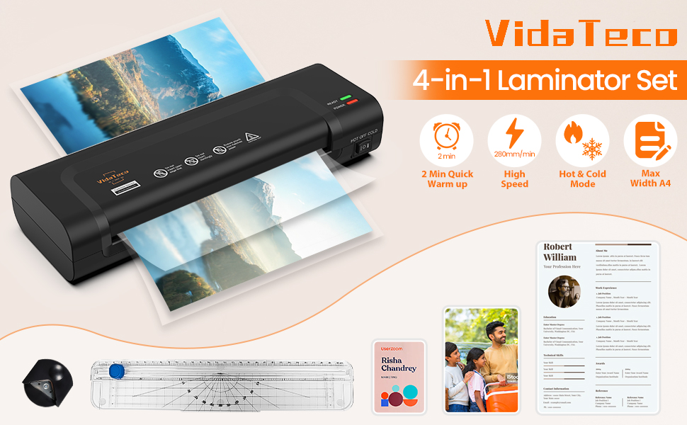 VidaTeco Laminator, Portable A4 Thermal Laminating Machine with Hot and Cold Settings, Quick ...