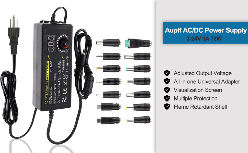 Amazon.com: Auplf Universal Power Adapter, Adjustable 3V ~ 24V 3A 72W DC Power Supply, 100V-240V ...