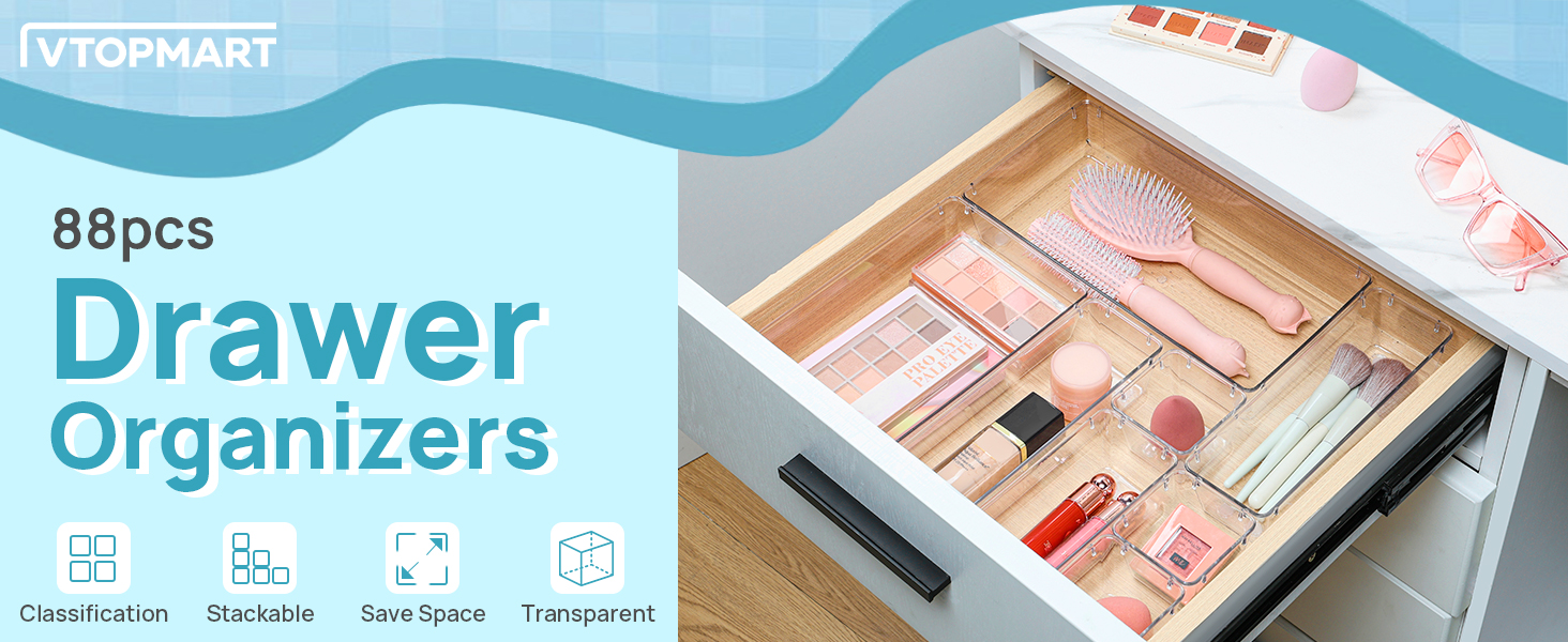 Amazon.com: Vtopmart 88PCS Clear Plastic Drawer Organizers Set, 5-Size ...