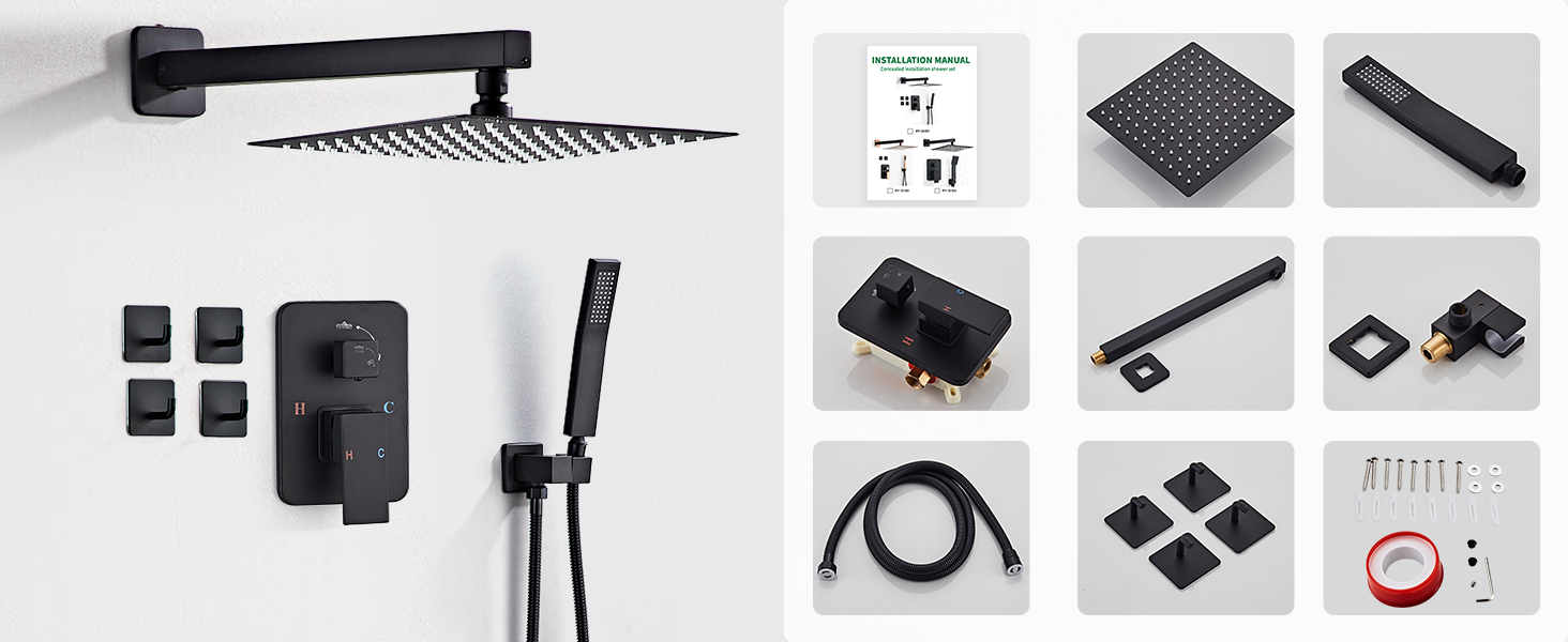 LCEVCGK Shower Faucet Set, Matte Black Rainfall Shower System Complete Wall Mounted for Bathroom ...