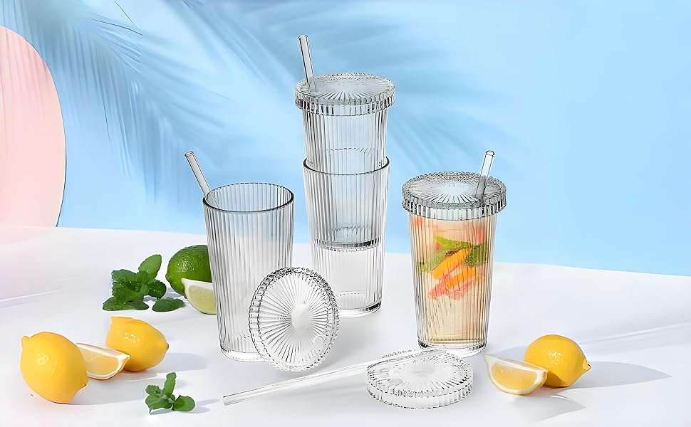 Amazon.com | Noamus 4 Pack Glass Cups with Lids and Straws, 12 oz ...