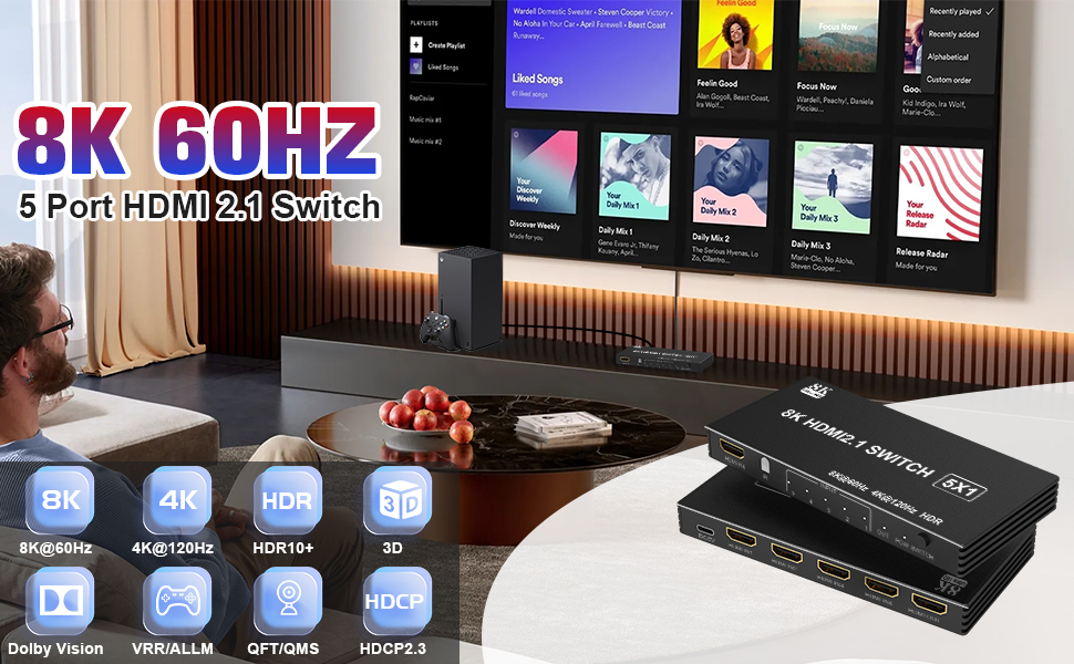 Amazon.com: 4K 120Hz HDMI Switch 8K HDMI 2.1 Splitter with Remote - 5 in 1 Out HDMI Hub for ...