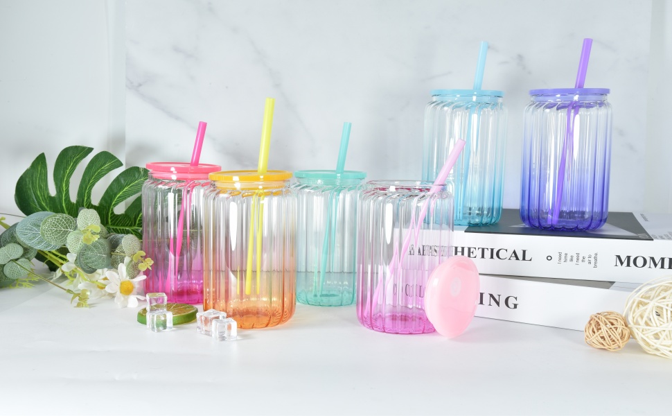 Amazon.com: AGH 6 Pack 16oz Sublimation Glass Cups Blanks with Lids and Straws, Clear Colored ...