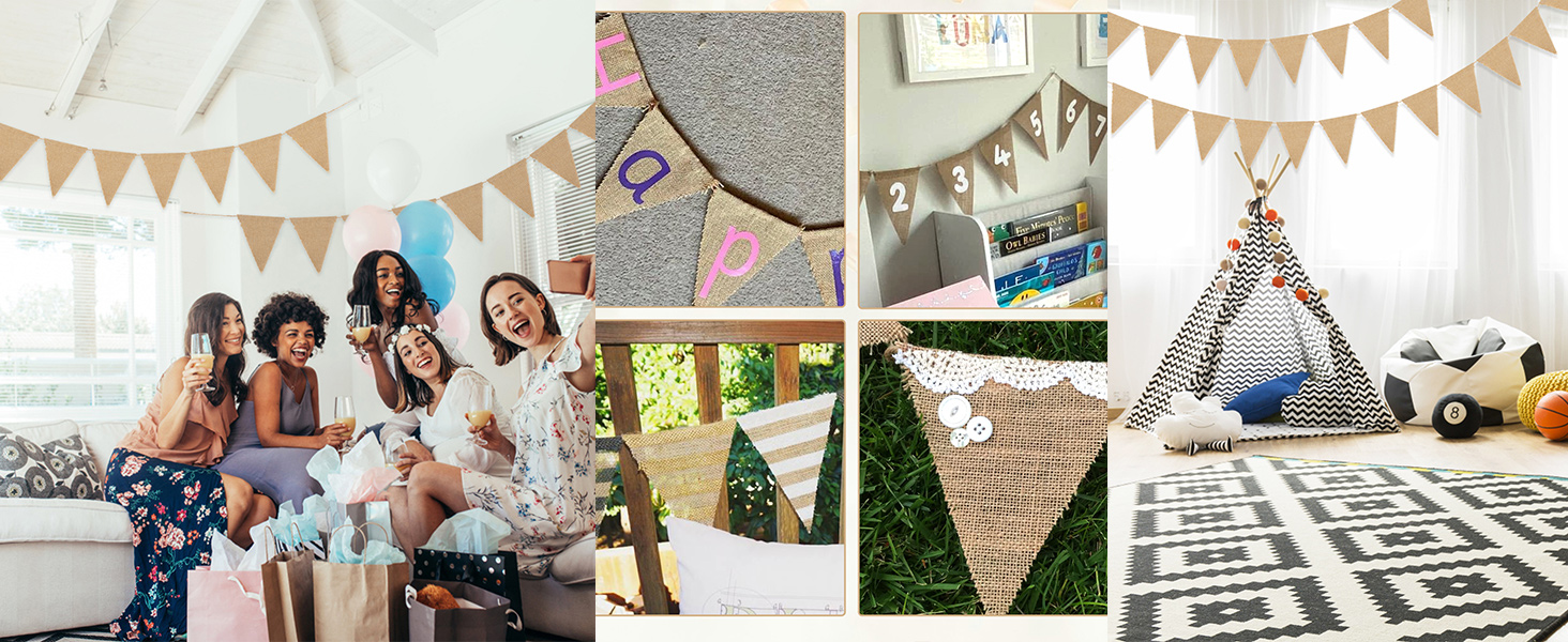jijAcraft 60PCS 20M Rustic Burlap Banner Bunting, Linen Bunting Burlap ...