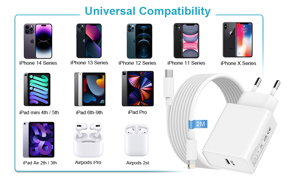 iPhone Schnellladegerät mit Ladekabel 2M für iPhone 14 13 12 11 Pro Max/Mini/XS/XR/X/SE/8/iPad ...
