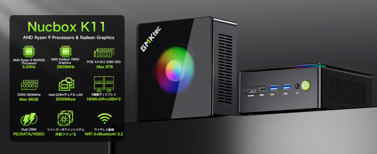 Amazon.co.jp: GMKtec ミニpc AMD Ryzen9 8945HS 周波数5.2GHz 32+2TB Windows11 Pro Mini pc 小型pc DDR5 ...