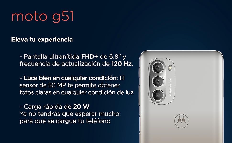motorola Moto G51 5G - Celular 128GB Memoria, 4 GB de RAM, Cámara 50MP, FHD+ 6.8 Pulgadas ...
