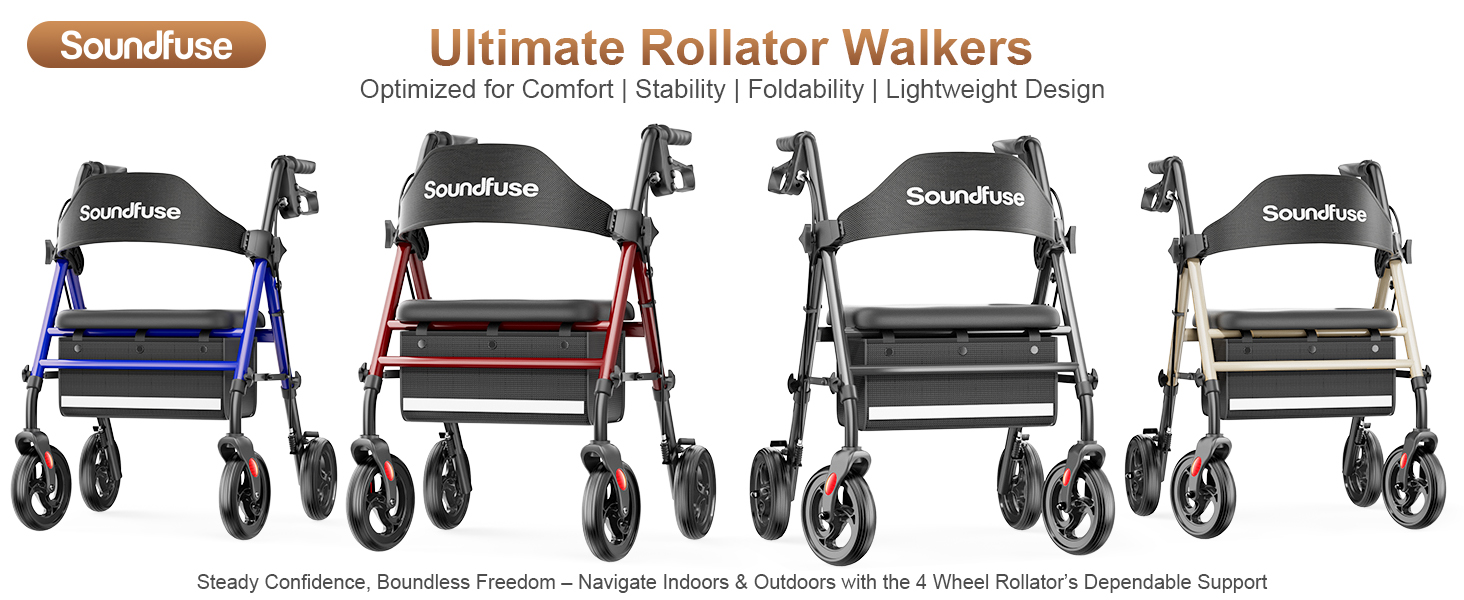 Amazon.com: Soundfuse Rollator Walkers with Seat for Seniors, Foldable 8" Big Wheels All Terrain ...