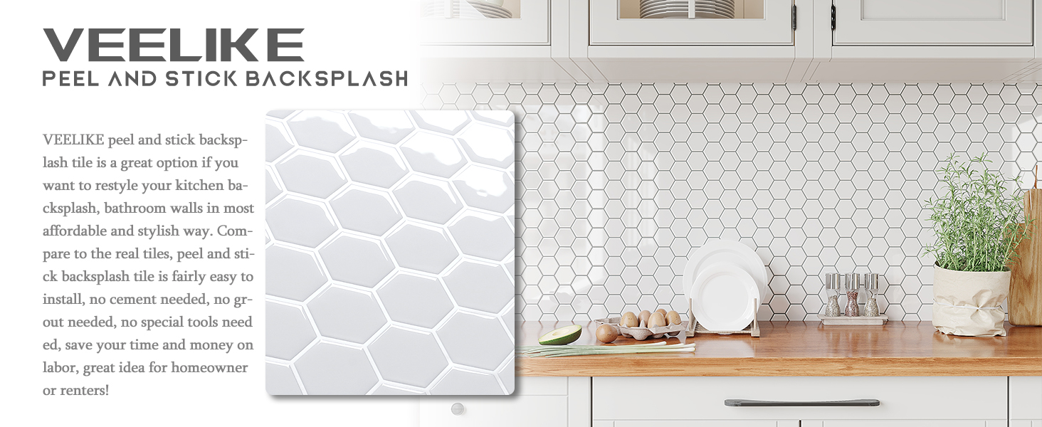 VEELIKE 12-Sheet White Hexagon Tile Peel and Stick Backsplash for Kitchen Backsplash Tiles Peel ...