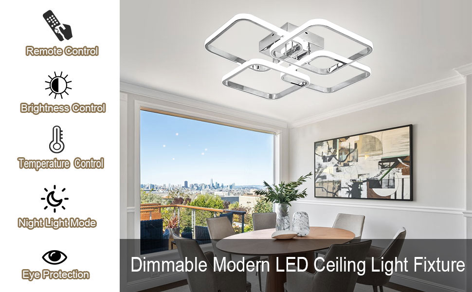Dimmable Modern Led Ceiling Light, 4 Rings Square Ceiling Lamp with ...