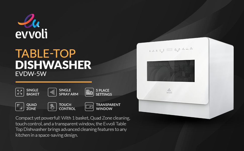 Evvoli Table Top Dishwasher, 5 Place Settings, Residual Heating Dry, Auto Door Open, Child Lock ...