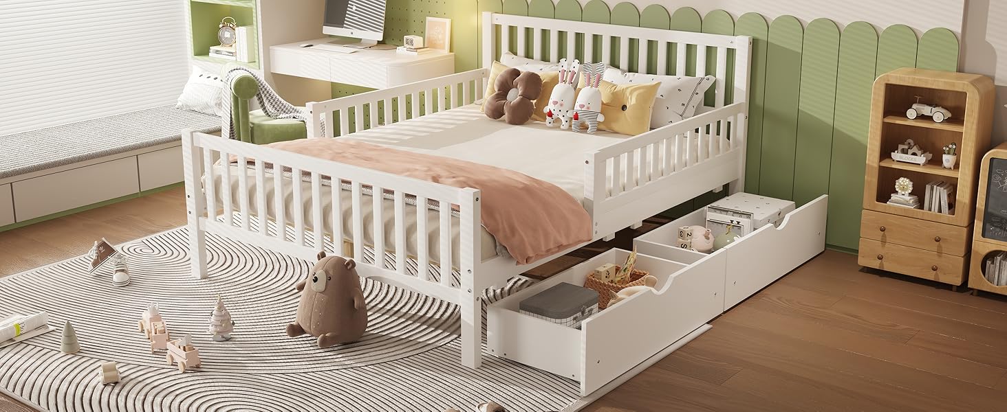 Amazon.com: Bellemave Girls Full Bed Frame with Storage Drawers and Both Sides Guardrails, Kids ...