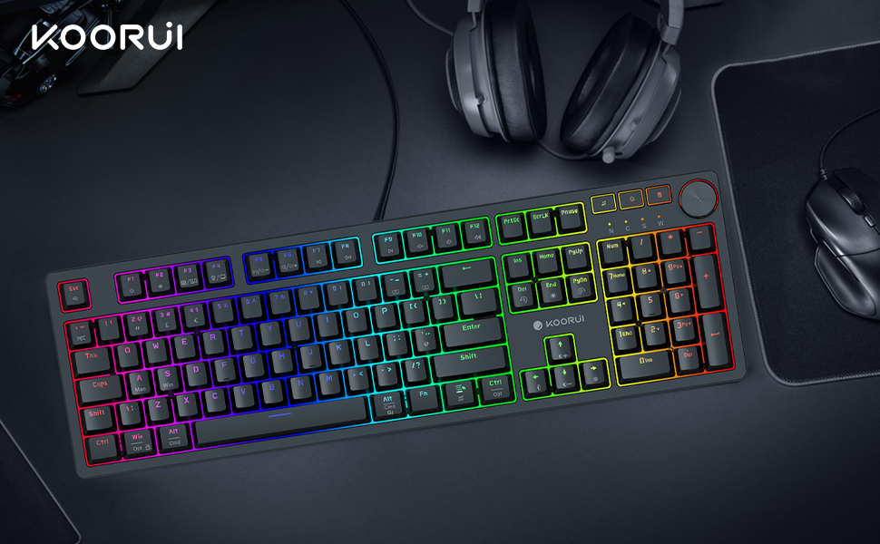 KOORUI Gaming Keyboards, 26 RGB Backlit Mechanical Keyboard Wired 104 ...