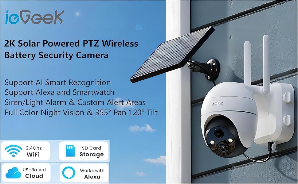 ieGeek 2K Security Camera Wireless Outdoor, Solar Dome Camera PTZ 360° with Spotlight and Siren ...