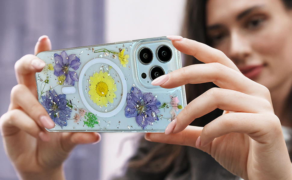 Amazon.com: ASONCE Cute Real Flowers for iPhone 14 Pro Max Case [Compatible with MagSafe] [10FT ...