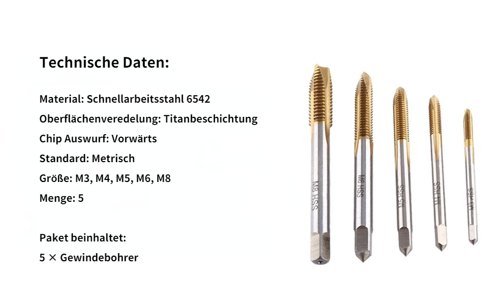 5 Stücke HSS Gewinde Gewindebohrer Handgewindebohrer Satz, M3/M4/M5/M6/M8 Metric Gewinde Stahl ...