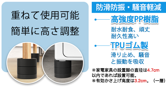 Amazon.co.jp: 洗濯用防振ゴム DEWEL かさ上げ台 9cm 高さ調整 12点セット ブラック 継ぎ足し 底上げ 置き台 冷蔵庫 ソファー テーブル こたつ ベッドの高さあげ ...