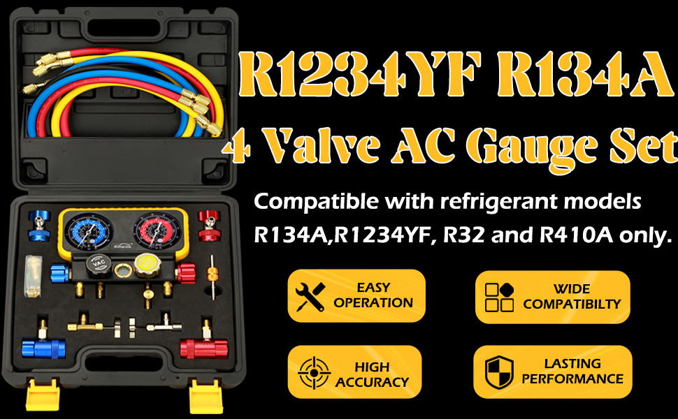 Amazon.com: R1234YF R134A AC Gauge Set 4 Valve Manifold HVAC Gauges with Hoses Compatible with ...
