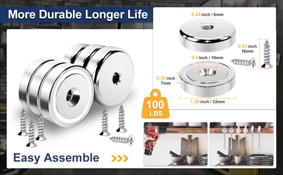 UCINNOVATE Strong Neodymium Round Base Cup Magnet 95 lbs Holding Force, 1.26 inch Round Rare ...