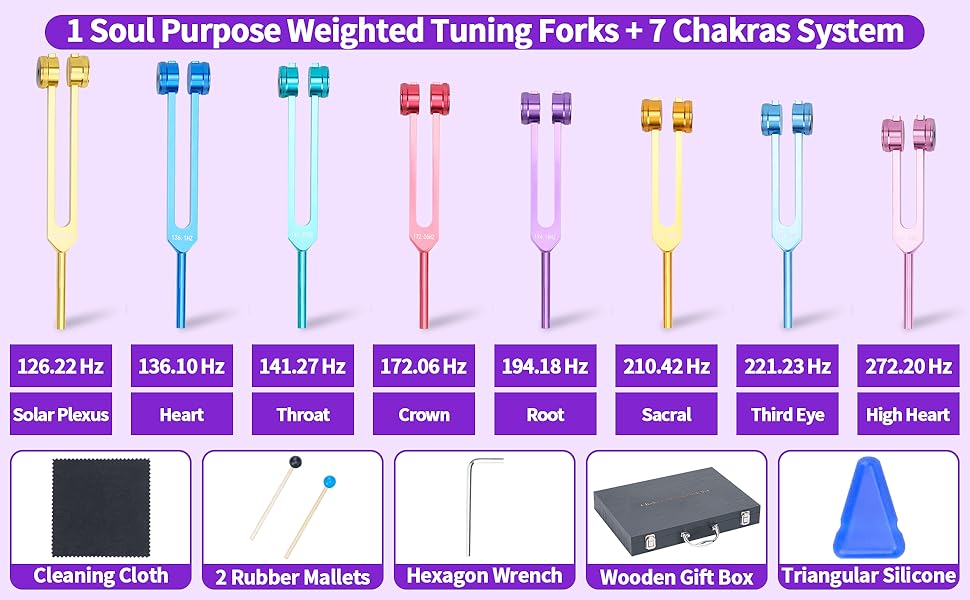 Amazon.com: Chakra Tuning Fork Set for Healing, 7 Chakra+1 Soul Purpose Weighted Solfeggio ...