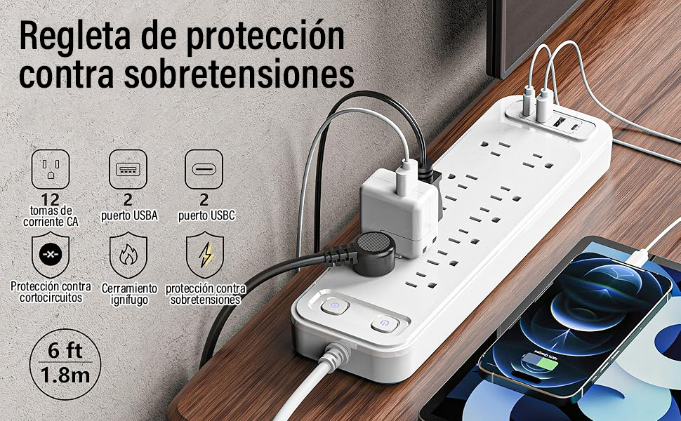 KIROGILY Multicontacto Regleta Extension Electrica con Protector Supresor de Picos Voltaje, 1,8 ...