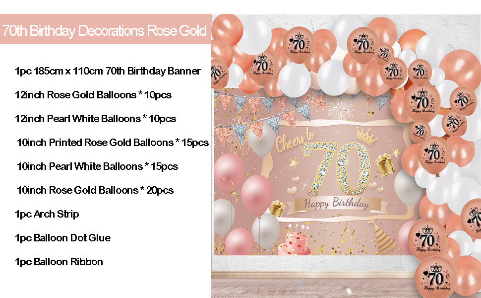 Amazon.com: 70th Birthday Decorations for Women, Including Pink Rose Gold 70th Birthday Banner ...