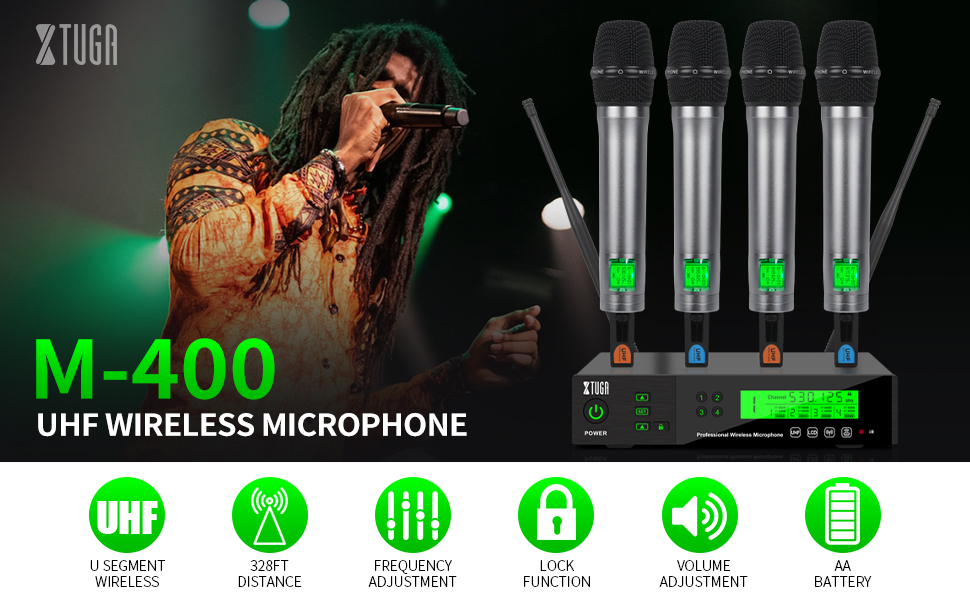 XTUGA M400 4 Channel UHF Wireless Microphone System with 200 Selectable Frequency,Cordless ...