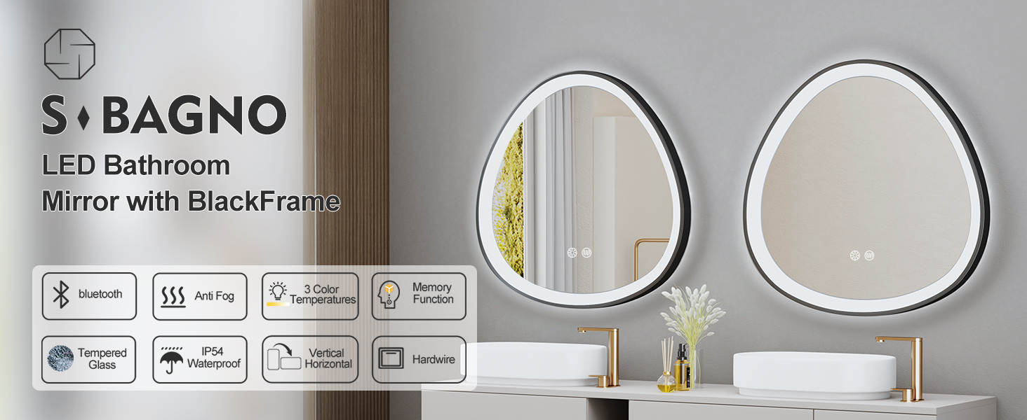 Amazon.com: S'bagno 32 Inch LED-Bathroom-Mirror-with-Black-Frame, Lighted-Bathroom-Mirror ...